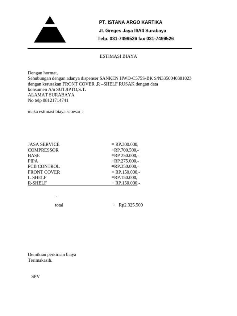 Estimasi Biaya Service Dispenser Sanken | PDF