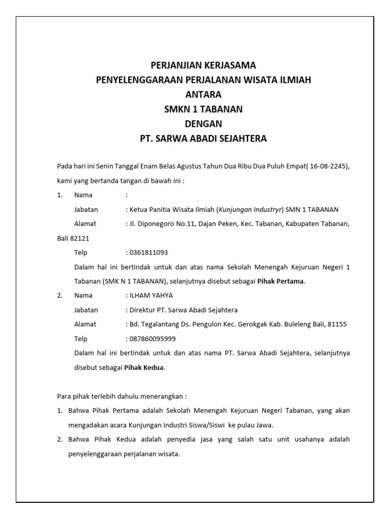 Surat Perjanjian Kerjasama SMKN 1 Tabanan. | PDF