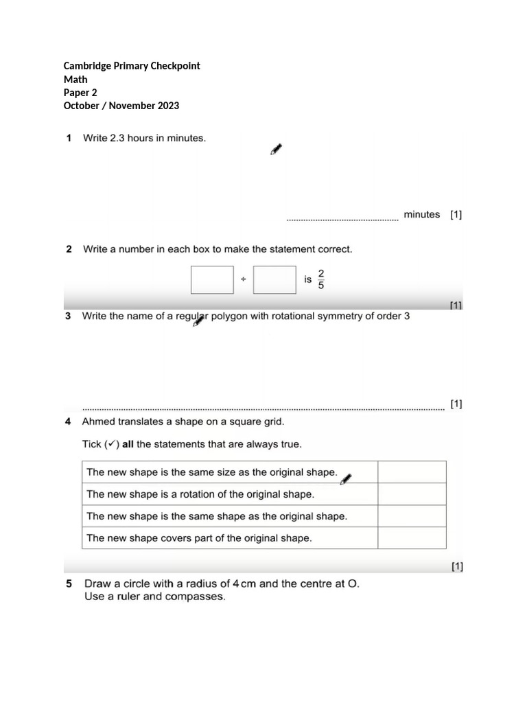 Cambridge Primary Checkpoint Math Paper 2 Oct Nov 2023 | PDF