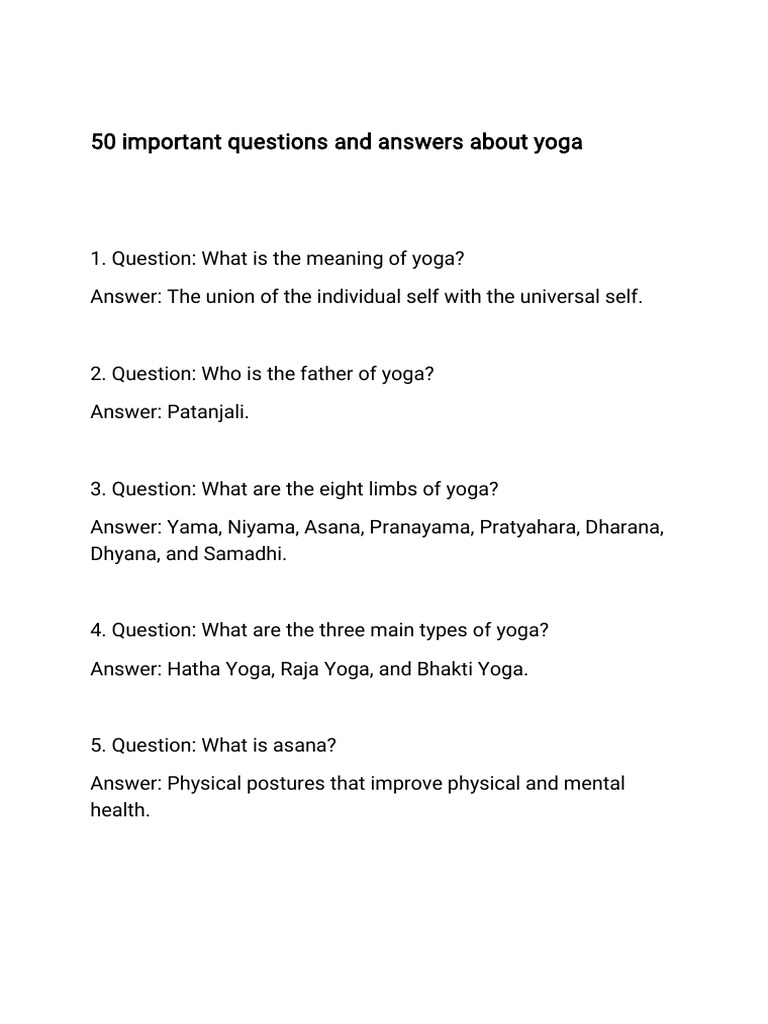 50 Important Yoga Questions Answers in English | PDF