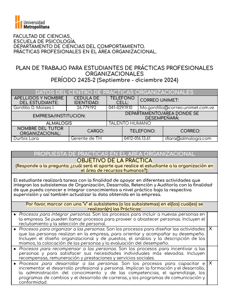 2425-1 Plan de Trabajo para Prácticas Organizacionales | PDF