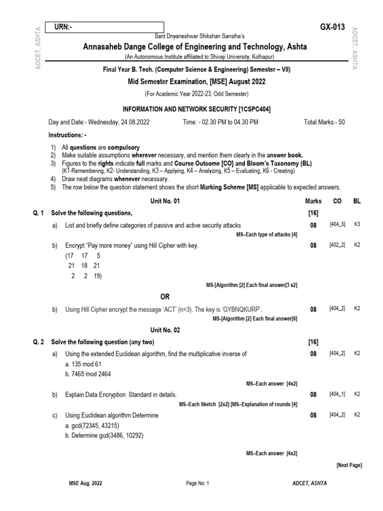 1CSPC404 Information and Network Security PDF | PDF