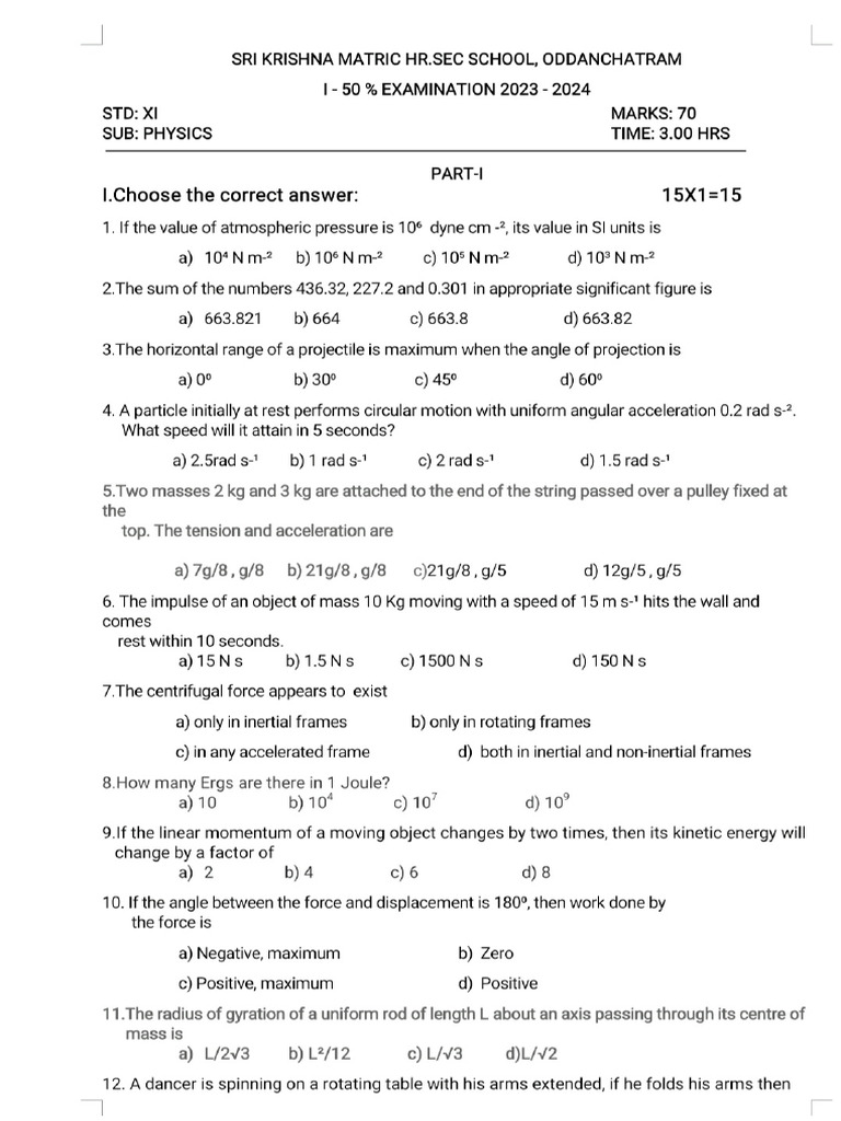 11th Physics EM Unit 1 6 Model Question Paper English Medium PDF Download | PDF