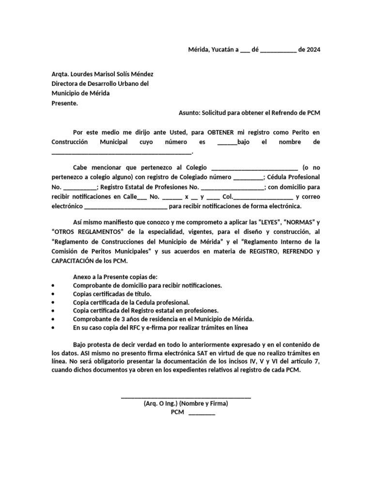 Solicitud para Refrendo PCM 2024 | PDF