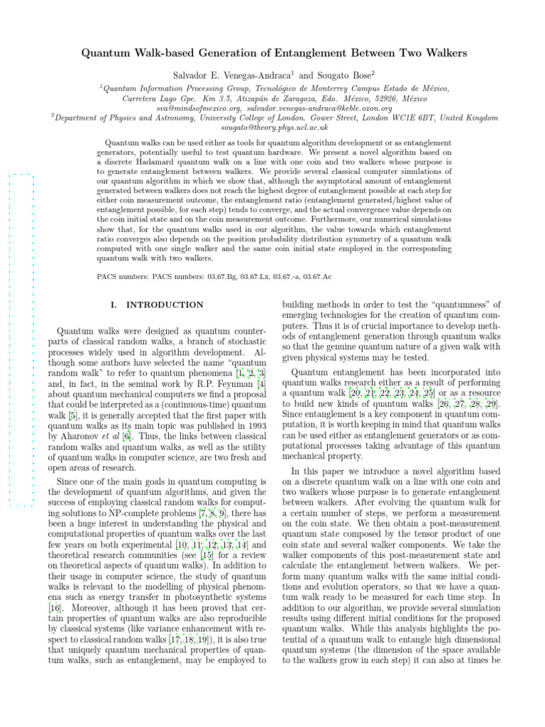 Quantum Walk-Based Generation of Entanglement Between Two Walkers | PDF