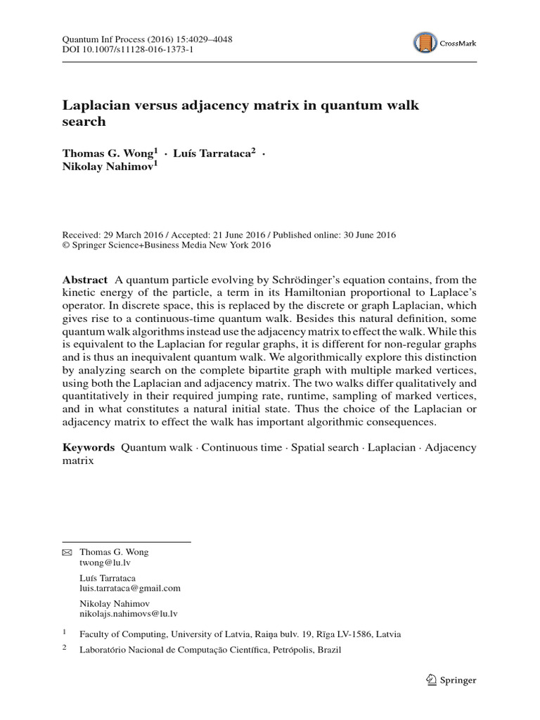 Laplacian Versus Adjacency Matrix in Quantum Walk Search | PDF