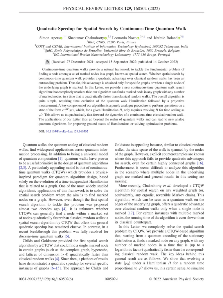 Quadratic Speedup for Spatial Search by Continuous-Time Quantum Walk | PDF
