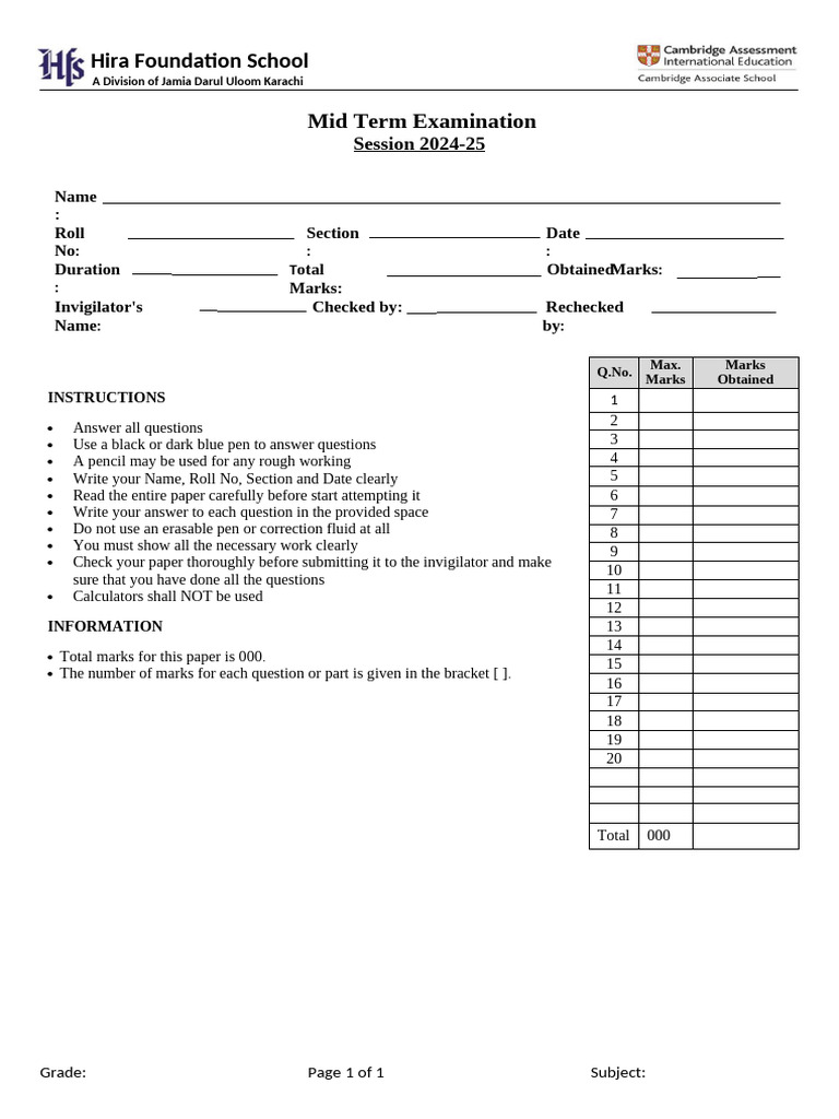 Mid Term Examination Template 2024-25 (VI till VIII) | PDF