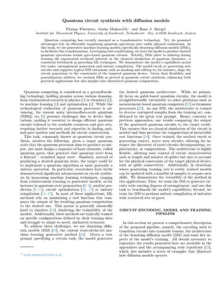 Quantum Circuit Synthesis With Diffusion Models | PDF