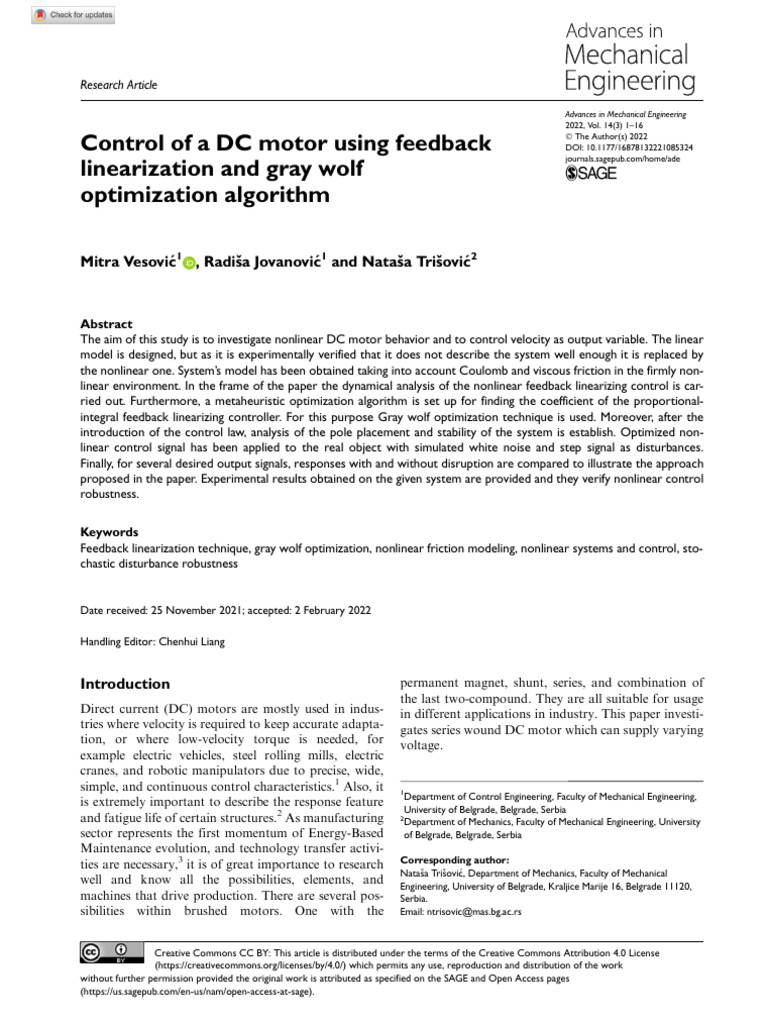 Control of A DC Motor Using Feedback Linearization and Gray Wolf Optimization Algorithm | PDF ...