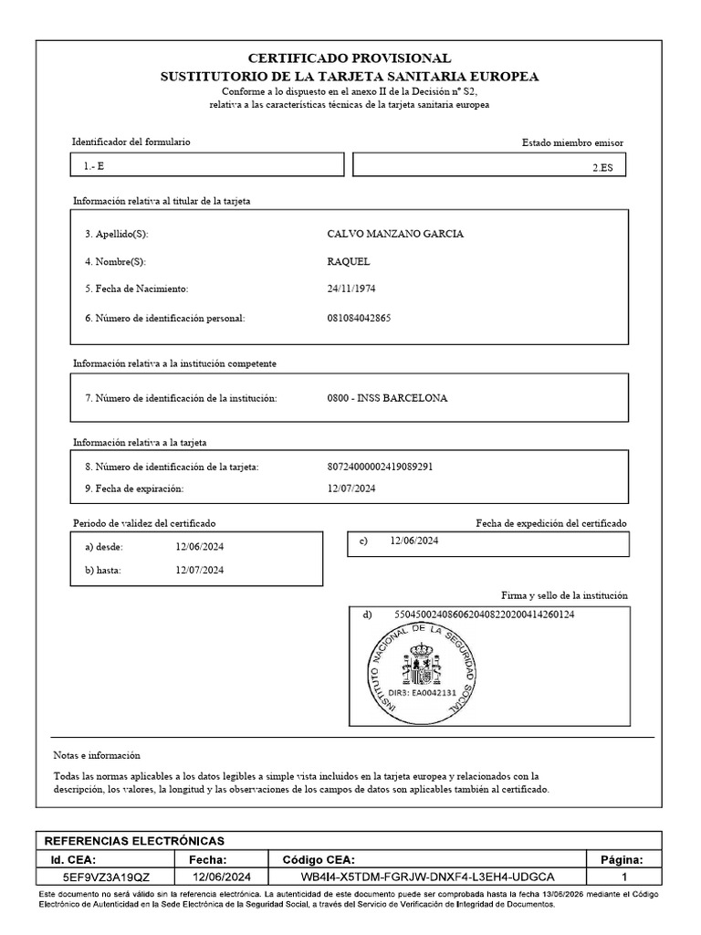 Certificado Tarjeta Sanitaria | PDF