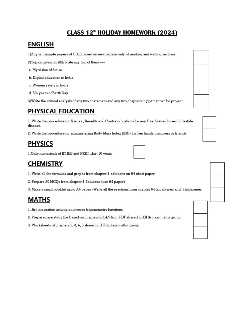 CLASS 12th HOLIDAY HOMEWORK | PDF