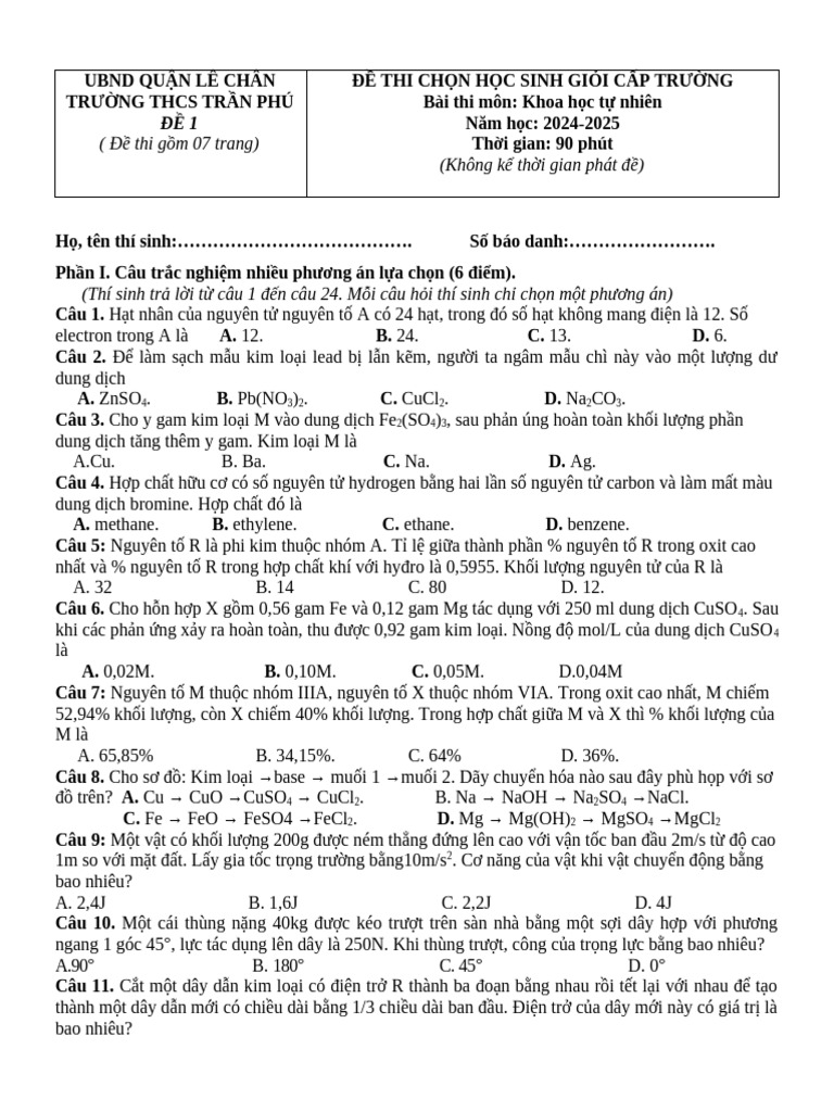 Môn KHTN - THCS Trần Phú - Đề 1 | PDF