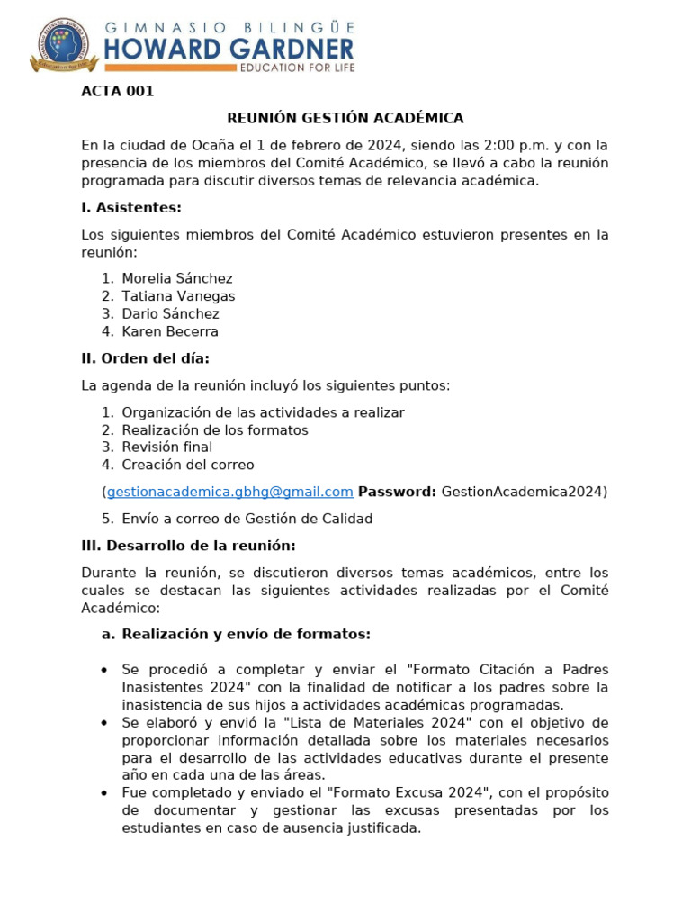 Acta 001 - Gestión Academica | PDF