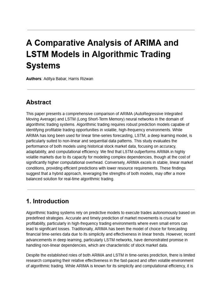 A Comparative Analysis of ARIMA and LSTM Models in Algorithmic Trading Systems | PDF