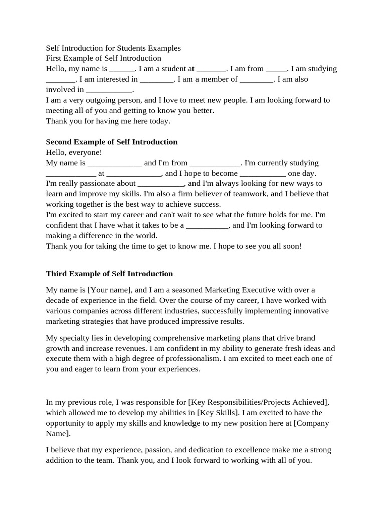 Self Introduction For Students Examples | PDF | Cognition
