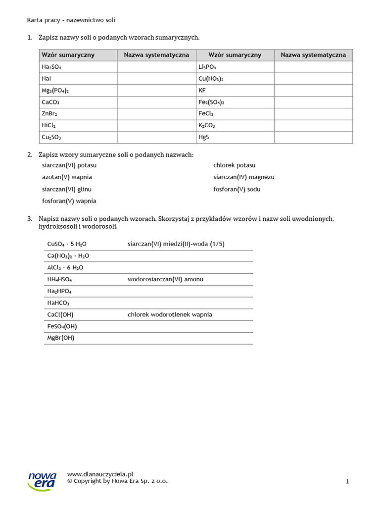 Wzory I Nazwy Soli Karta Pracy | PDF