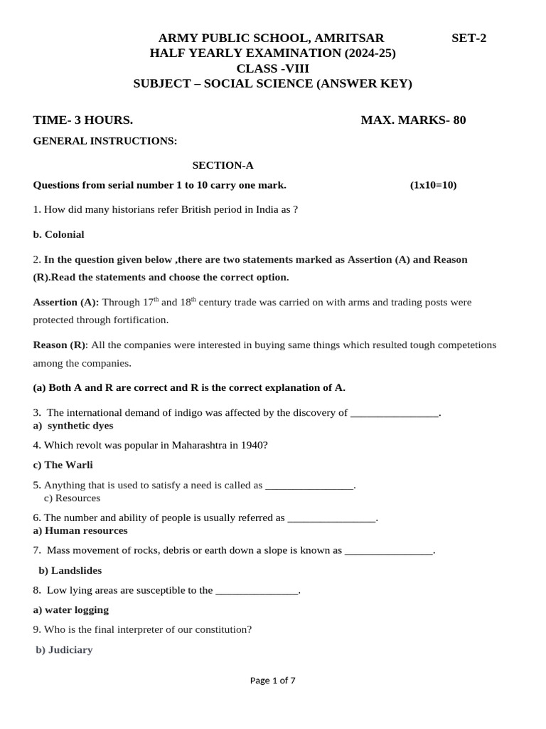 SST Class Viii Set 2 Half Yearly 2024-25 - Ans Key | PDF