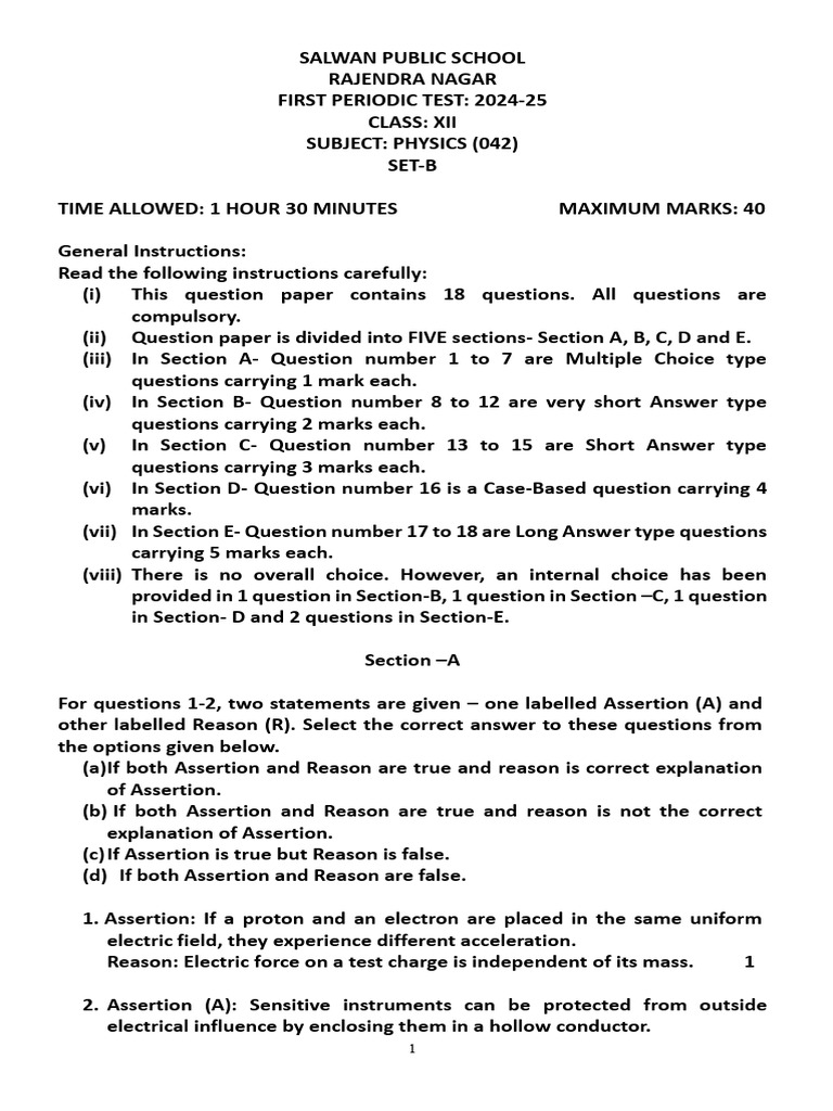 Class Xii-P.t.-I-Physics-Set-B | PDF