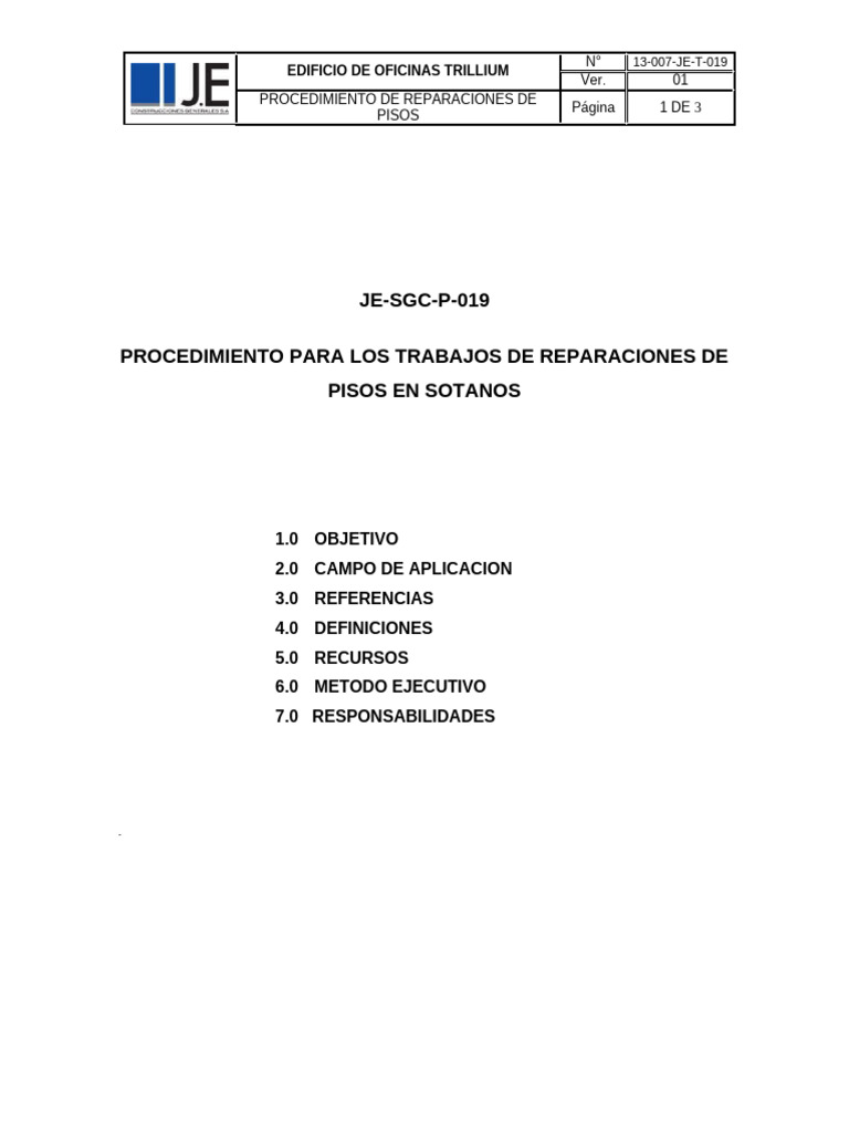 13-007-JE-T-019 Procedimiento de Reparaciones de Pisos Sotanos | PDF