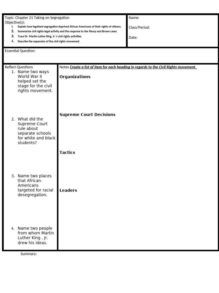 Chapter 21 Taking on Segregation Cornell Notes and Graphic Guide | PDF