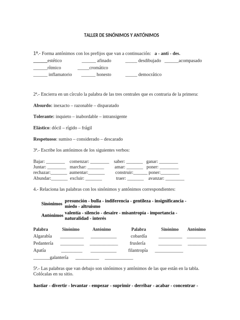 TALLER DE SINONIMOS Y ANTONIMOS | PDF