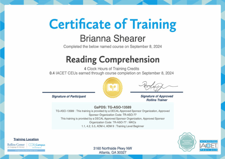 Certificate - Reading Comp - GaPDS | PDF