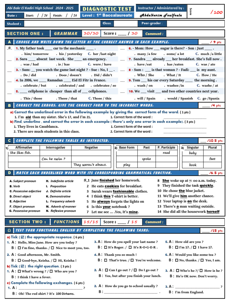 1st Bac Diagnostic Test - 24 | PDF