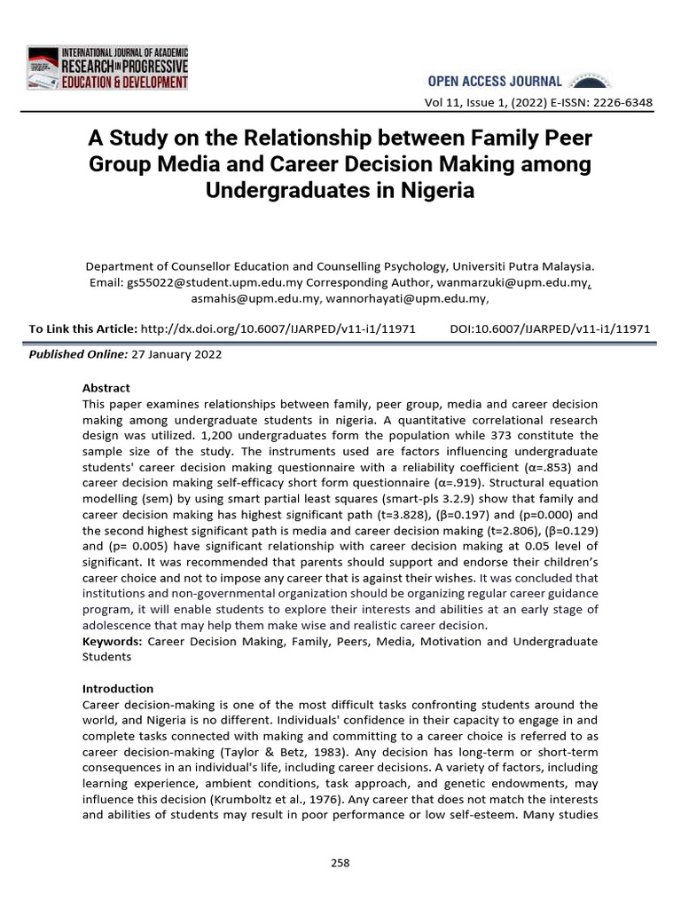 A Study On The Relationship Between Family Peer Group Media and Career Decision Making Among ...