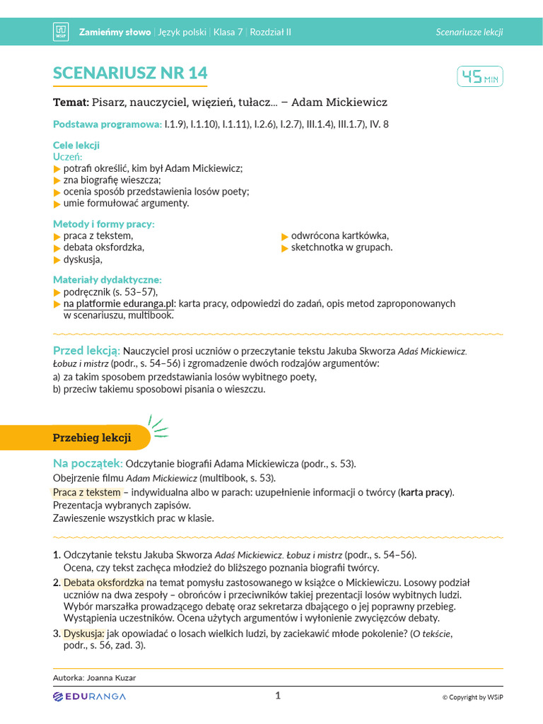 Jpol SP Zamienmy Slowo KL 7 SC 14 Pisarz Nauczyciel Mickiewicz | PDF