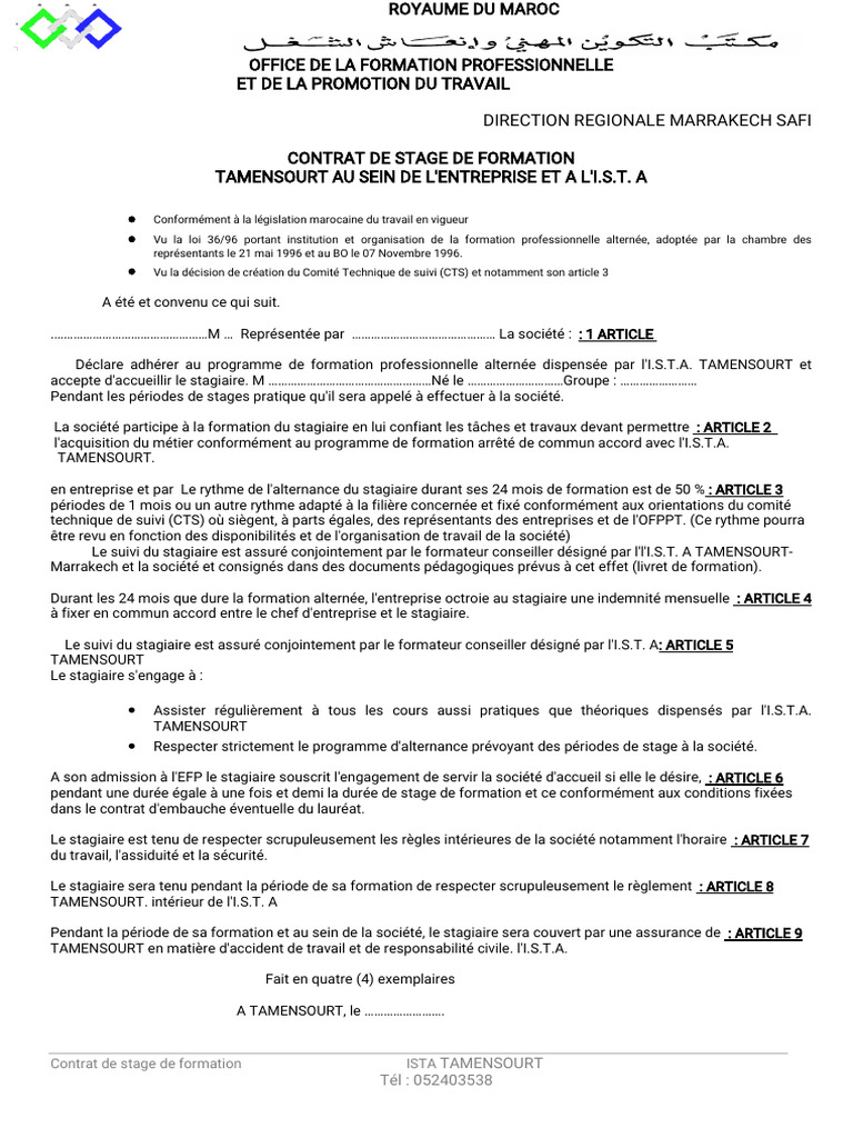 Contrat de Stage de Formation | PDF