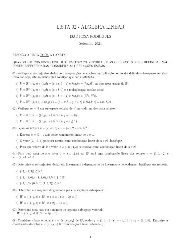 Lista 02 Álgebra Linear | PDF