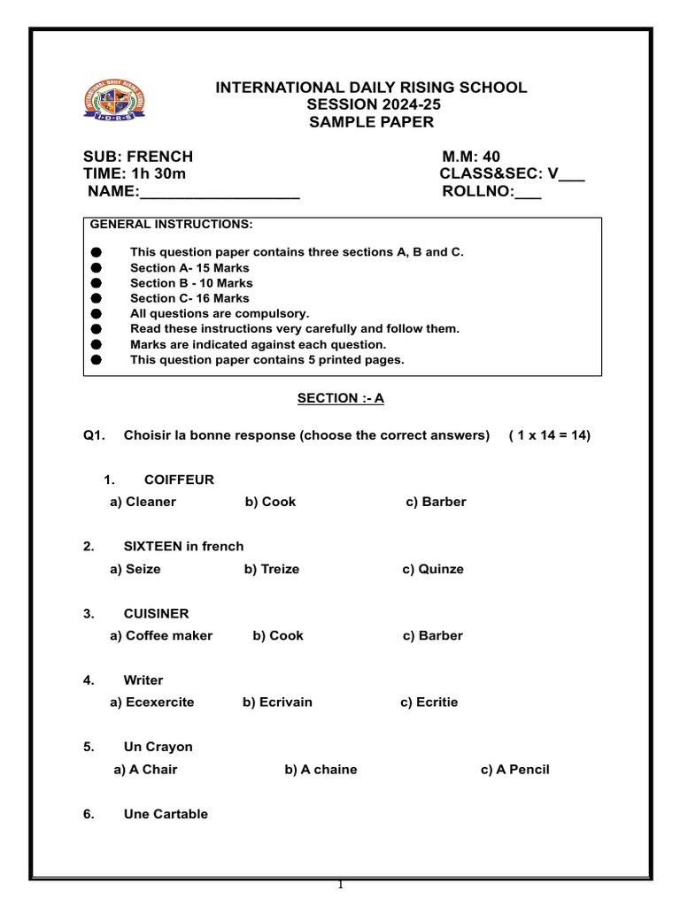 French 5th Sample Paper | PDF