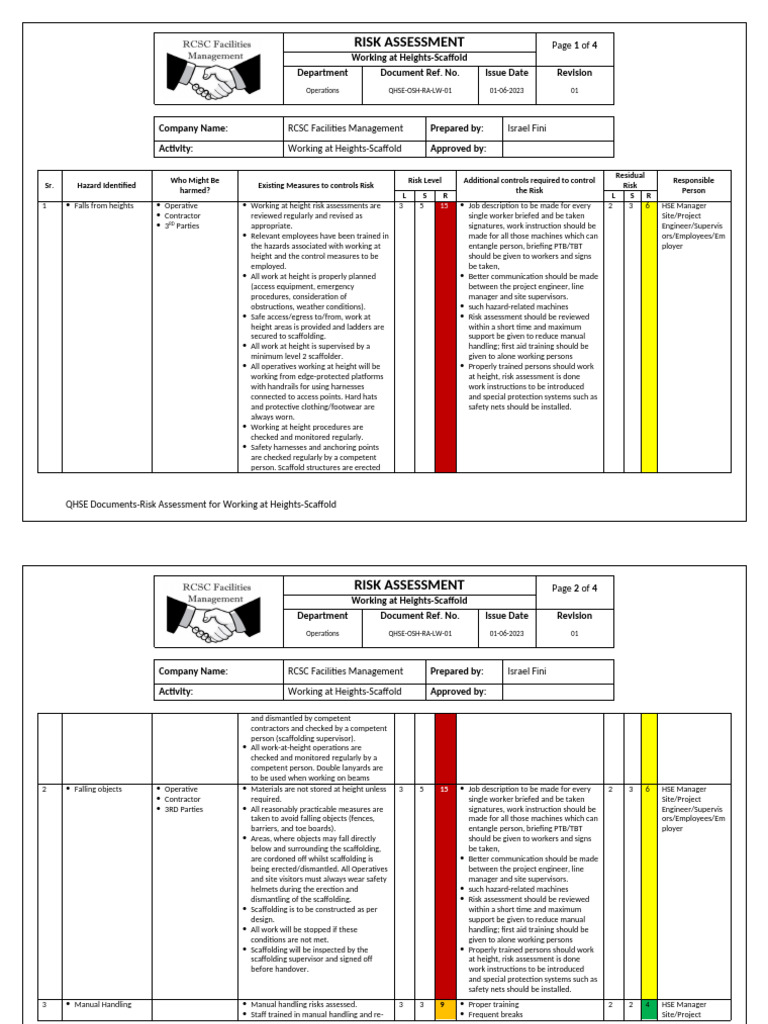 Risk Assessment For Working at Heights-Scaffold | PDF