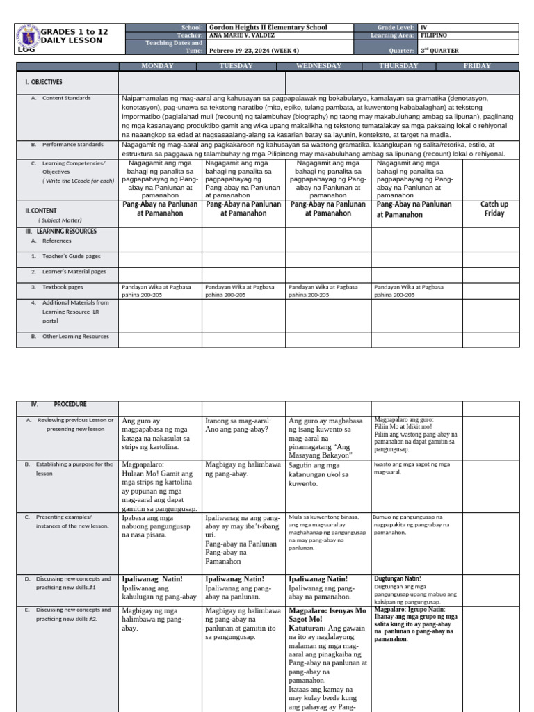 DLL Filipino-4 Q3 W4-MATATAG | PDF