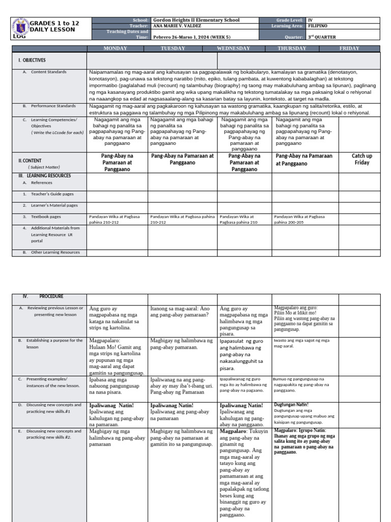 DLL Filipino-4 Q3 W5-MATATAG | PDF