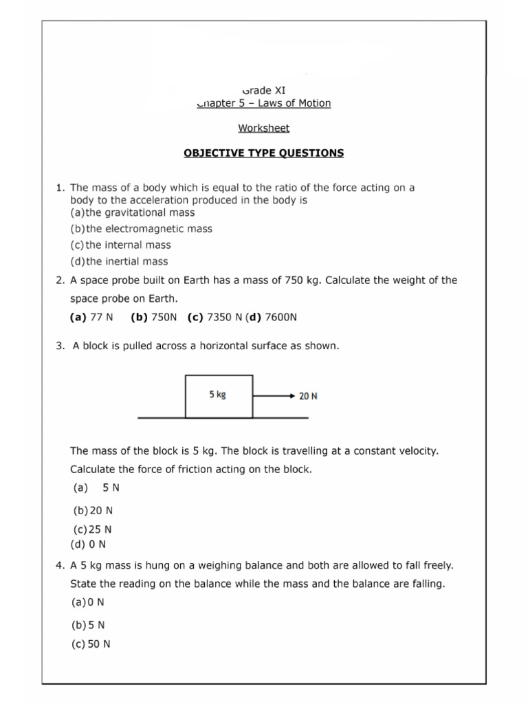 Laws of Motion Chapter Worksheet | PDF