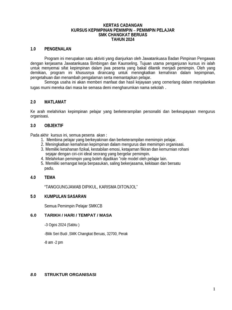 Kertas Kerja Kursus Kepimpinan Pengawas 2024 | PDF