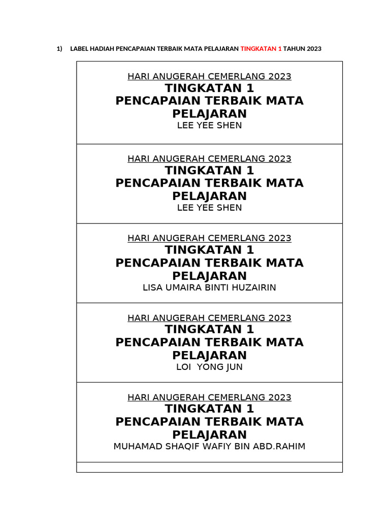 Label Hadiah Ting 1 2023 | PDF