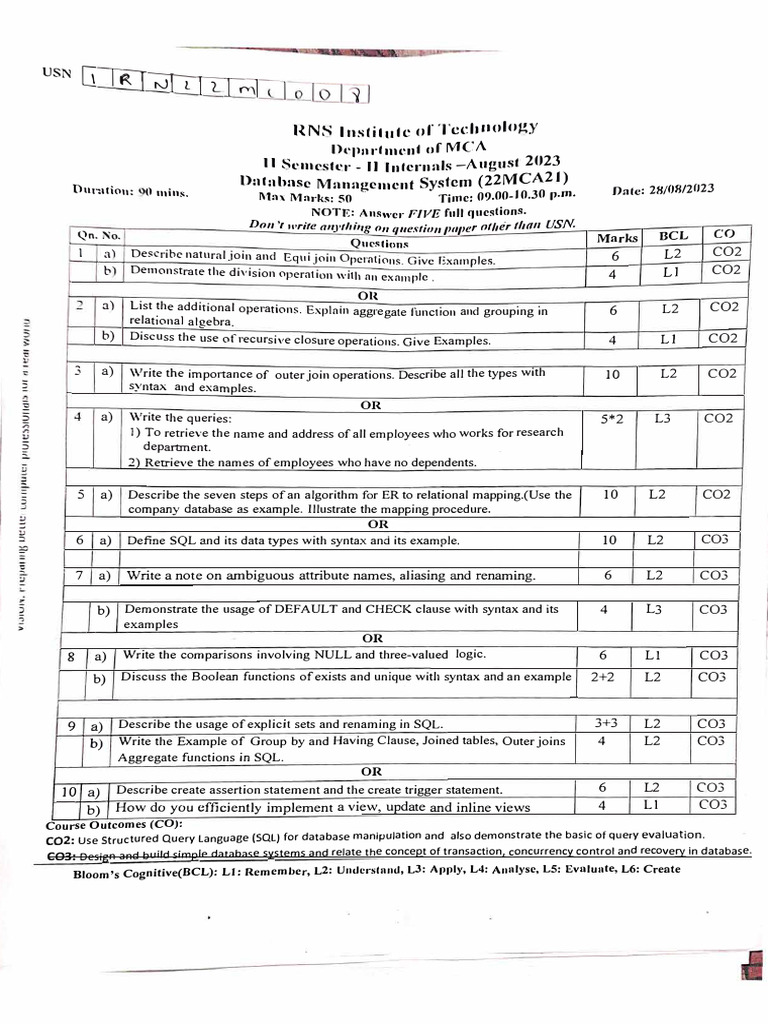 Second Internals Question Papers of All Subject 2 | PDF | Teaching Methods & Materials