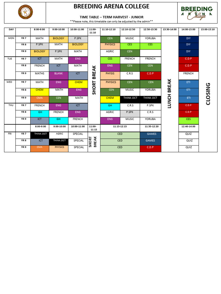 BAC - TIMETABLE - 2023-2024 - Term Sow - Junior | PDF