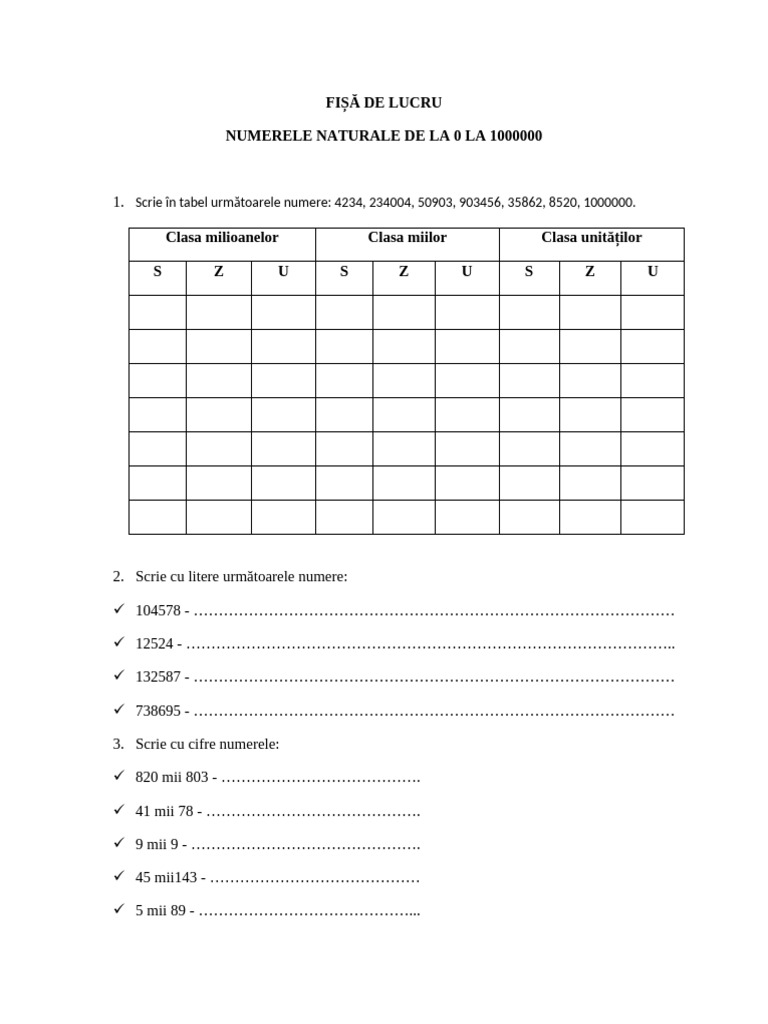 Fisa de Lucru Numerele Naturale de La 0 La 1000000 | PDF