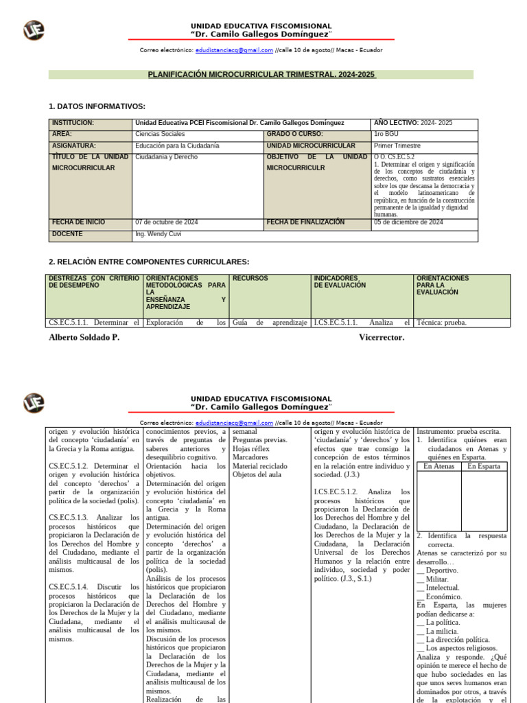 Micro Planificacion Curricular Edu Ciudadana 1ro Bgu | PDF | Derechos humanos | Evaluación