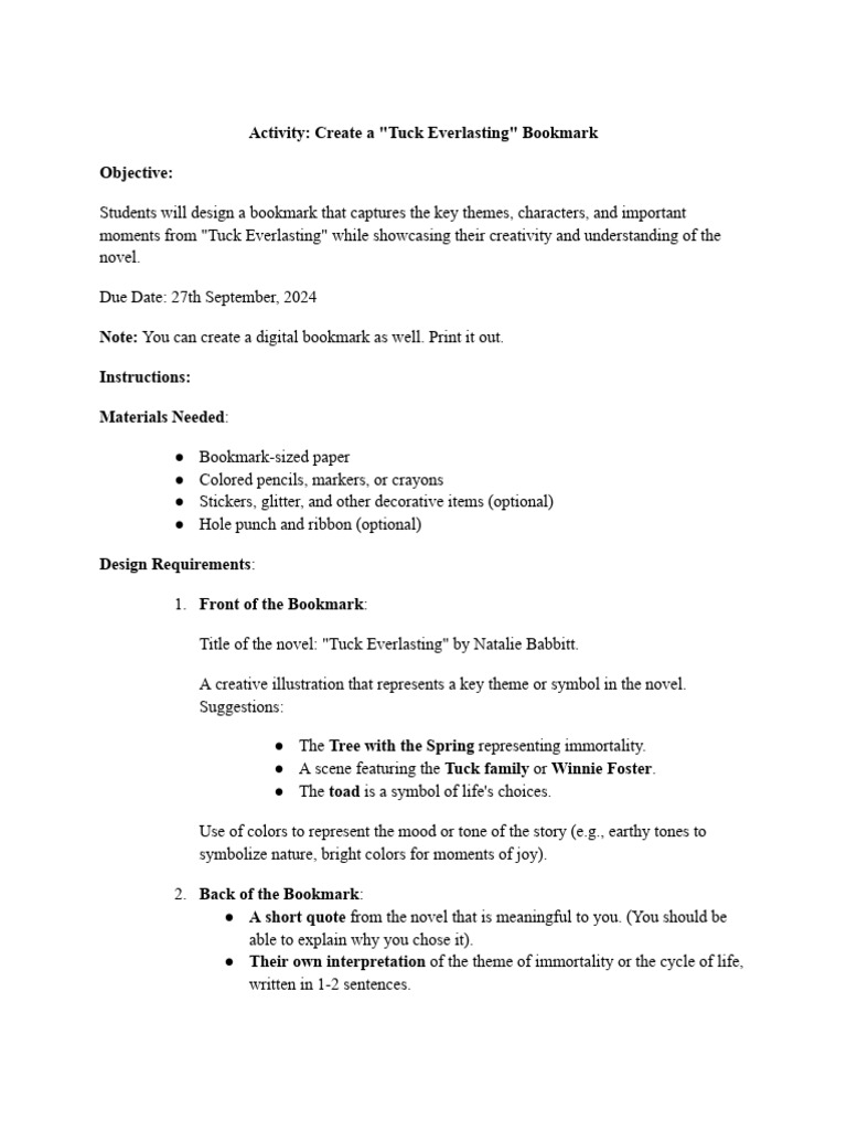 Activity Create A Tuck Everlasting Bookmark | PDF