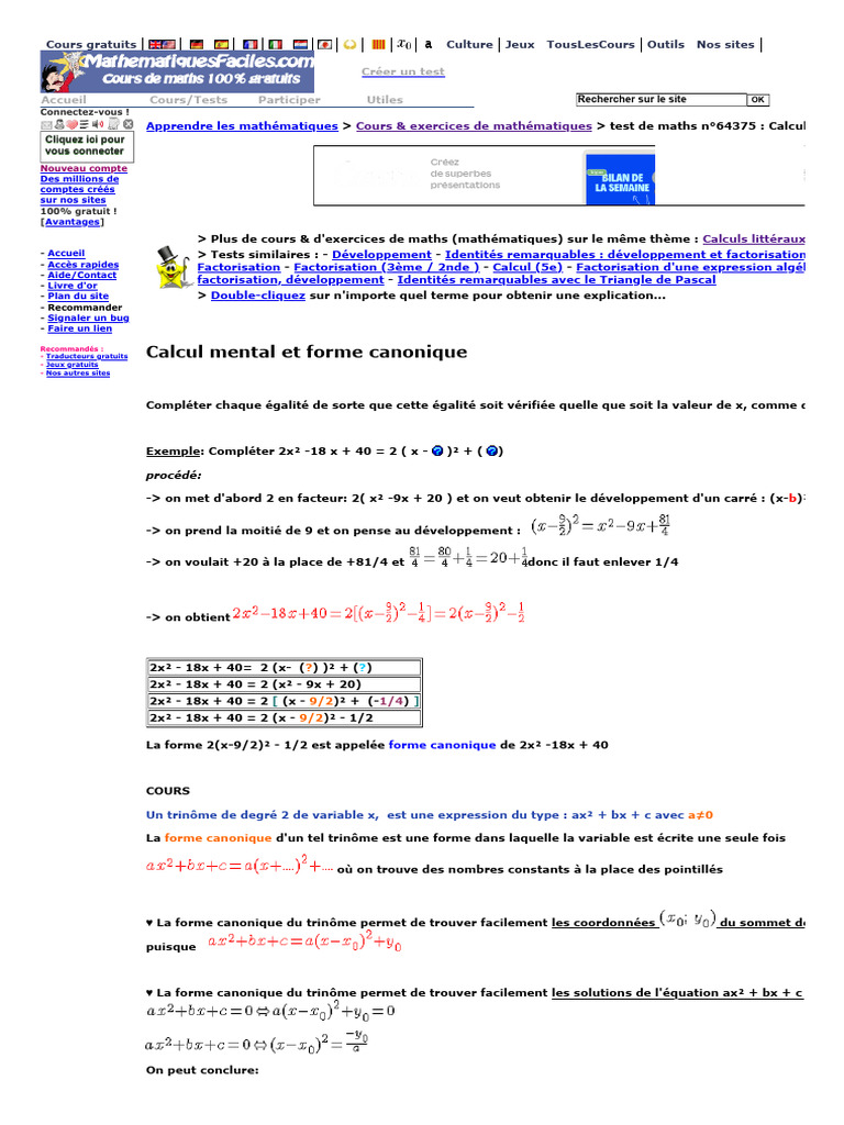 Calcul Mental Et Forme Canonique | PDF