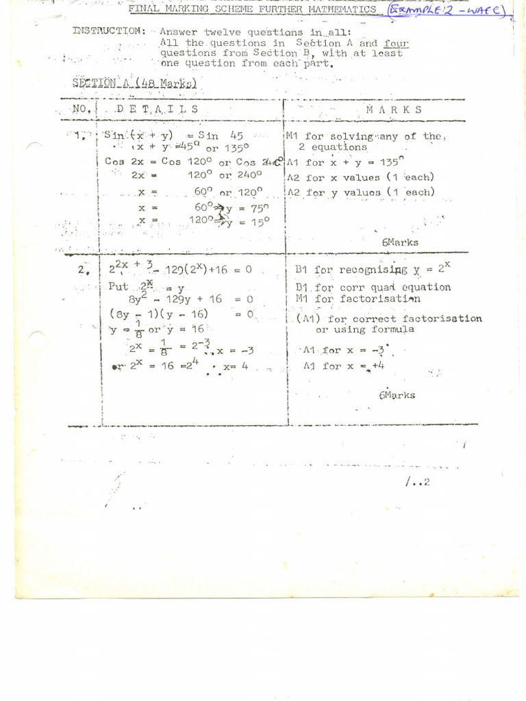 Further Maths Marking Schemeexample 2 Waec | PDF