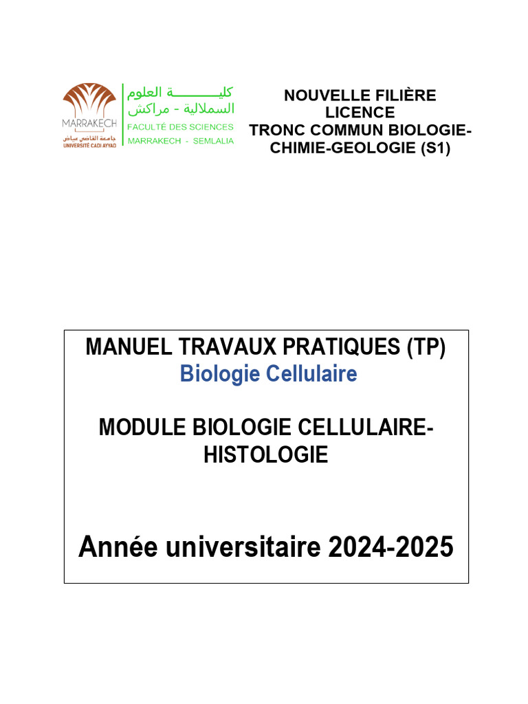 Manuel TP Biologie Cellulaire 2024-25 EcampusFSSM | PDF