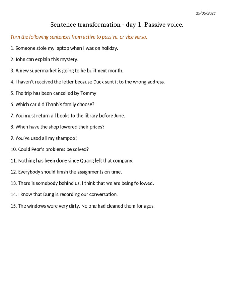 Sentence Transformation Day 1 - Passive Voice | PDF