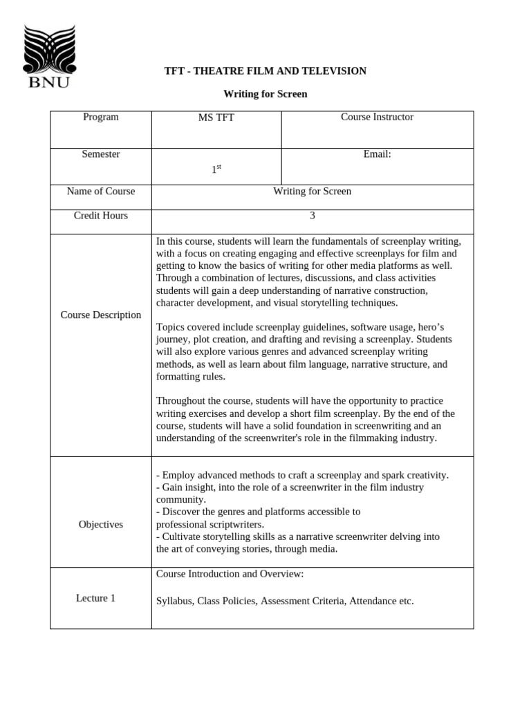 Writing For Screen - Course Outline | PDF