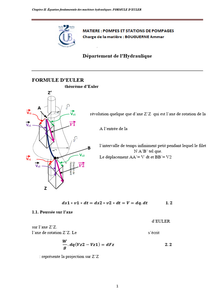 Chapitre II. Equation Fondamentale Des Machines Hydrauliques. Formule Deuler-Converti 2 | PDF